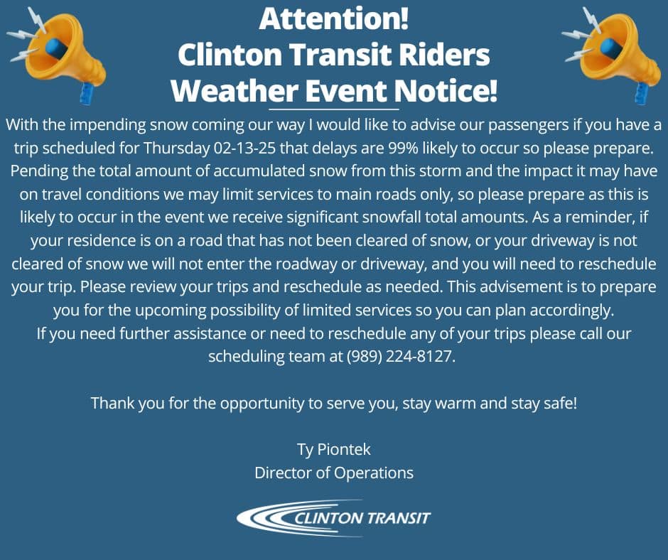 Attention Clinton Transit Riders - Weather Event Notice! - The Blue Bus